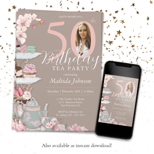 Floral Pink Custom Photo Tea Party 50th Birthday Invitation | Zazzle