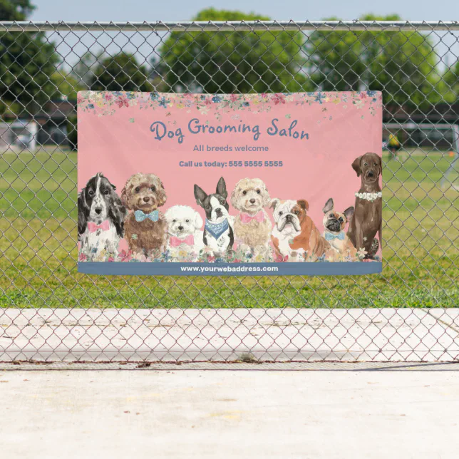 Floral Pink Dog Grooming Salon Promotional Banner | Zazzle