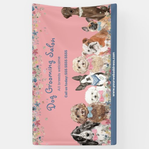 Floral Pink Dog Grooming Salon Promotional Banner | Zazzle