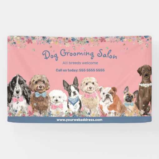 Floral Pink Dog Grooming Salon Promotional Banner | Zazzle