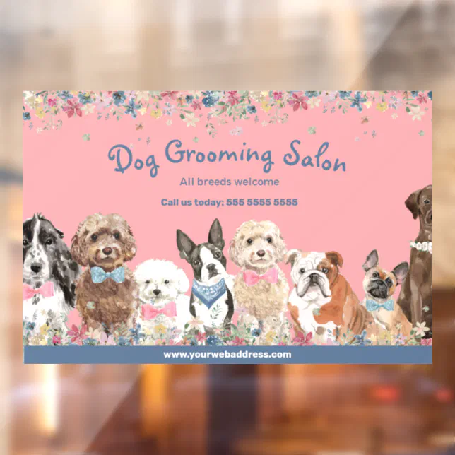 Floral Pink Dog Grooming Salon Promotional Window Cling | Zazzle