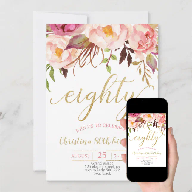 Floral Pink Elegant 80th Birthday Women Invitation | Zazzle