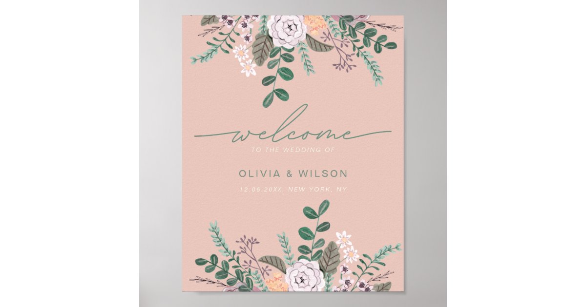 Floral pink eucalyptus wedding welcome poster | Zazzle