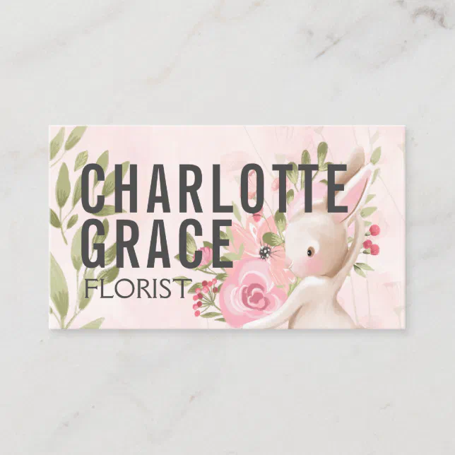 Floral Pink Flowers With Bunny Rabbit Personalized Business Card | Zazzle