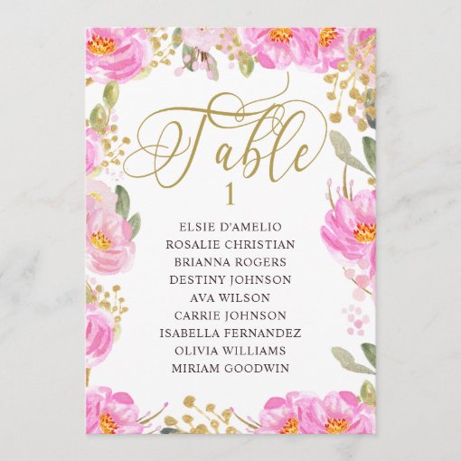 Floral Pink Gold Any Table Number Seating Chart | Zazzle