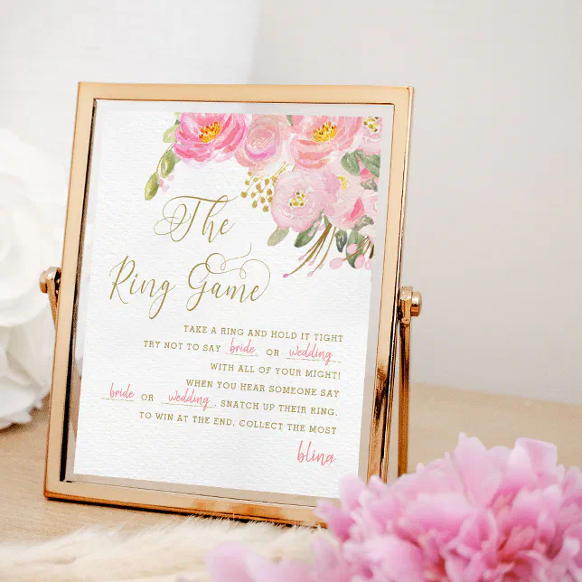Floral Pink Gold Calligraphy Ring Game Sign | Zazzle