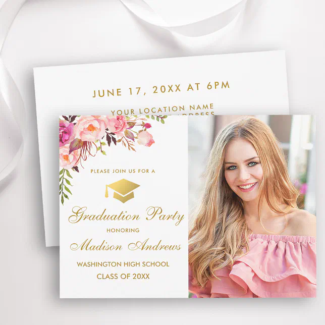 Floral Pink Gold Photo Graduation Party Invitation | Zazzle