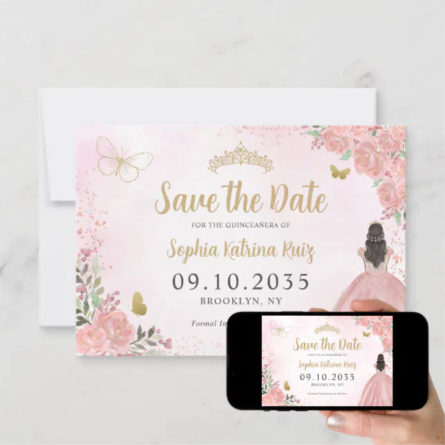 Floral Pink Gold Princess Birthday Quinceanera Save The Date | Zazzle