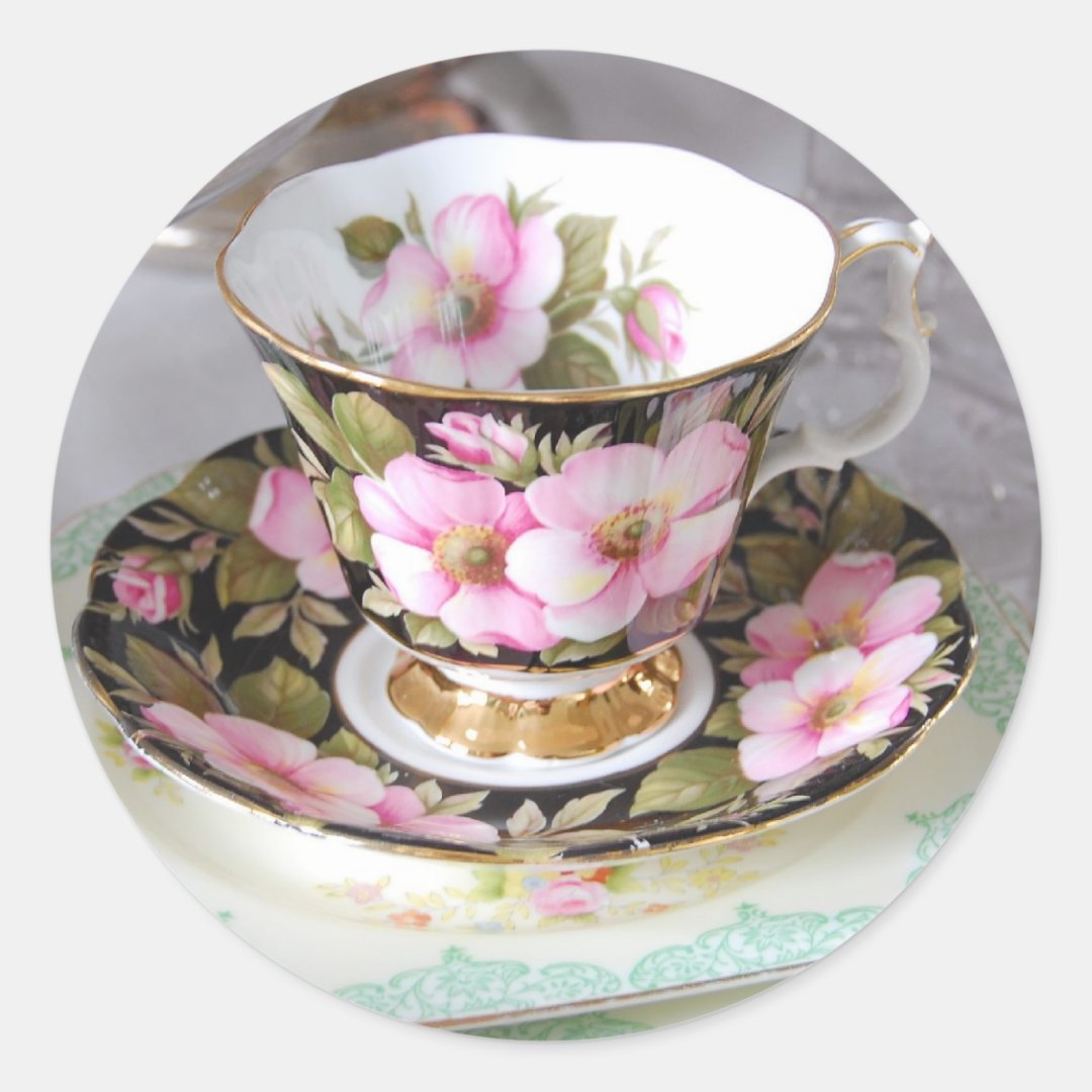 Floral Pink & Gold Teacup Stickers | Zazzle