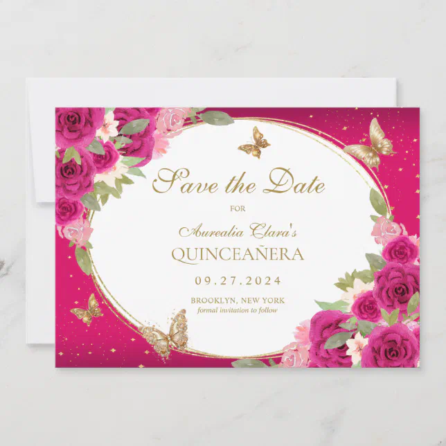 Floral Pink Gold Tiara Butterfly Quinceanera Save The Date | Zazzle