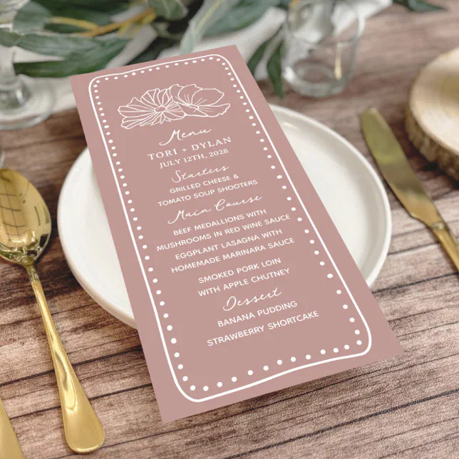 Floral Pink Hand Drawn Frame Wedding Menu | Zazzle