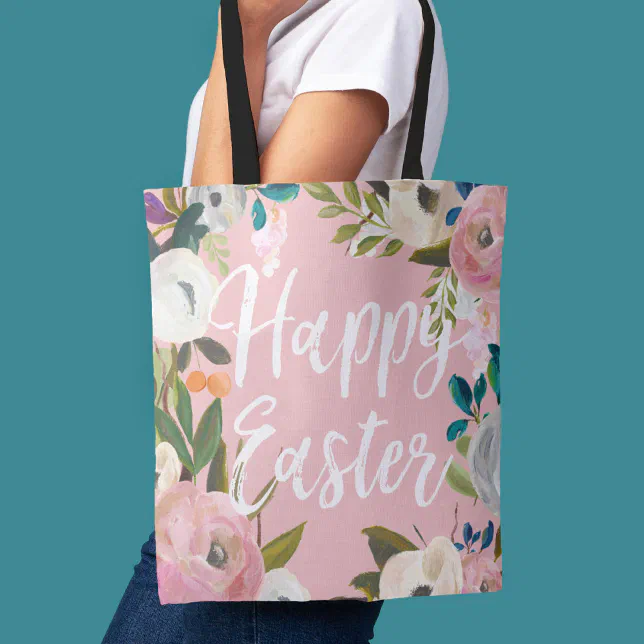 Floral Pink Happy Easter | Easter Egg Hunt Tote Bag | Zazzle
