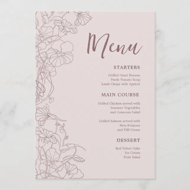 Floral Pink Mauve Dinner Menu | Zazzle
