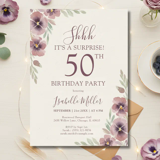 Floral Pink Mauve Surprise 50th Birthday Invitation | Zazzle
