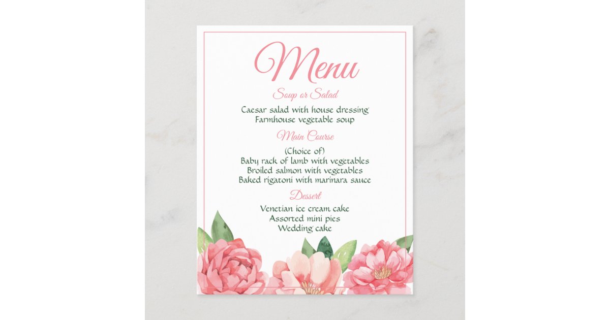 Floral Pink Menu Peonies Flowers Peony Roses | Zazzle
