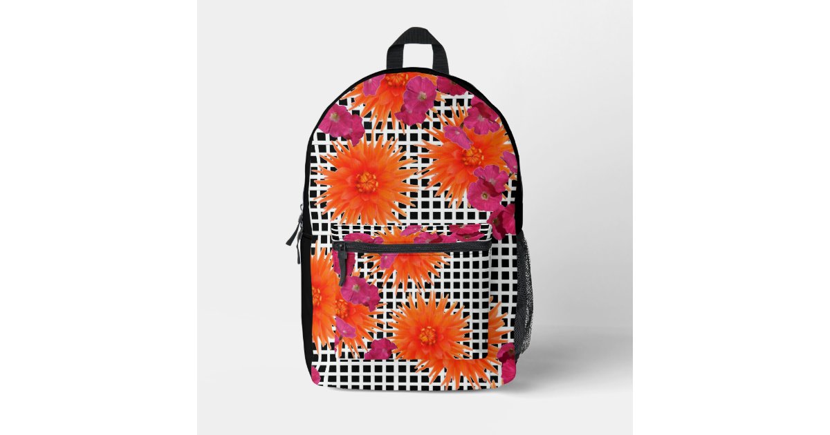 Floral Pink Orange Black White Check Backpack | Zazzle