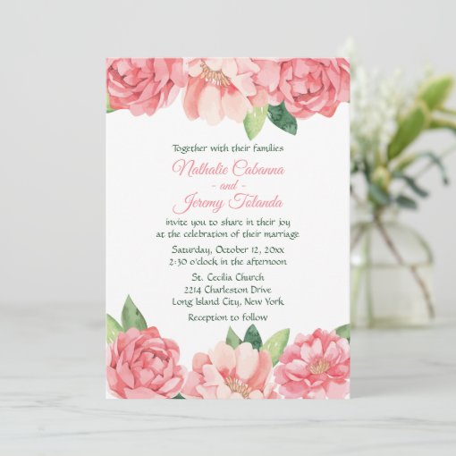 Floral Pink Peony Roses Wedding Flowers Peonies Invitation | Zazzle