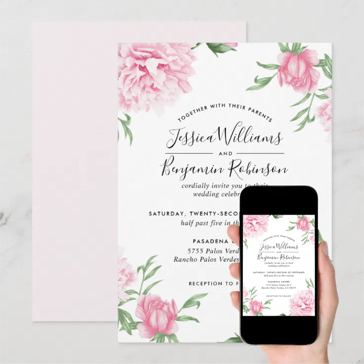 Floral Pink Peony with White Background Wedding Invitation | Zazzle