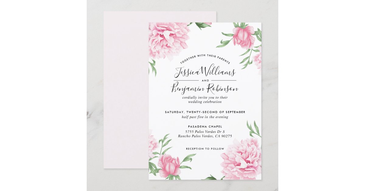 Floral Pink Peony with White Background Wedding Invitation | Zazzle