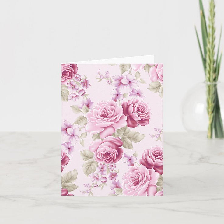 Floral Pink Rose Pattern Flower Note Card | Zazzle