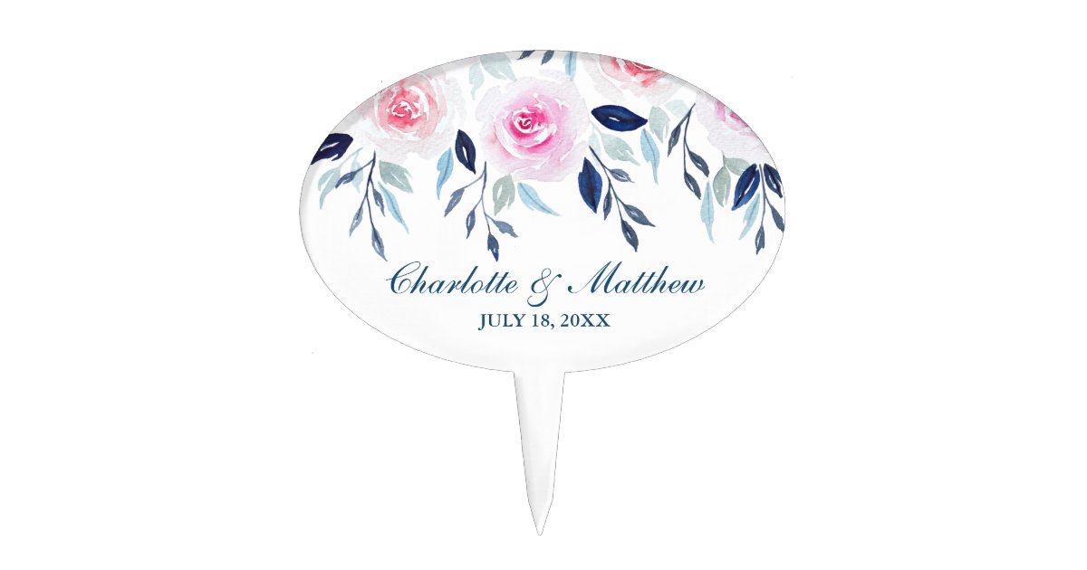 Floral Pink Roses Floral Watercolor Wedding Cake Topper | Zazzle