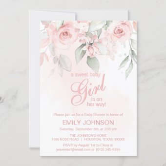 Floral Pink Roses Sweet Baby Girl Baby Shower Invitation | Zazzle