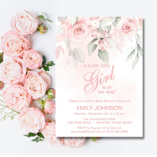 Floral Pink Roses Sweet Baby Girl Baby Shower Invitation | Zazzle