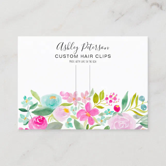 Floral pink watercolor hair clip barrette display business card | Zazzle