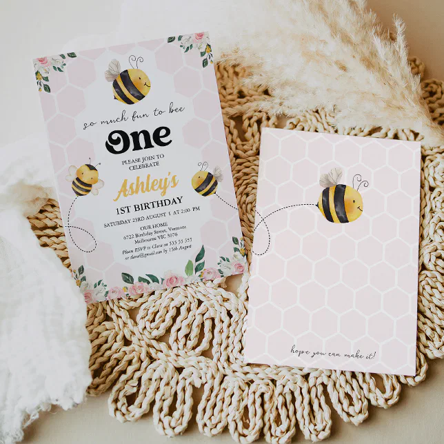 Floral Pink Yellow Fun To Bee One Bee 1st Birthday Invitation | Zazzle
