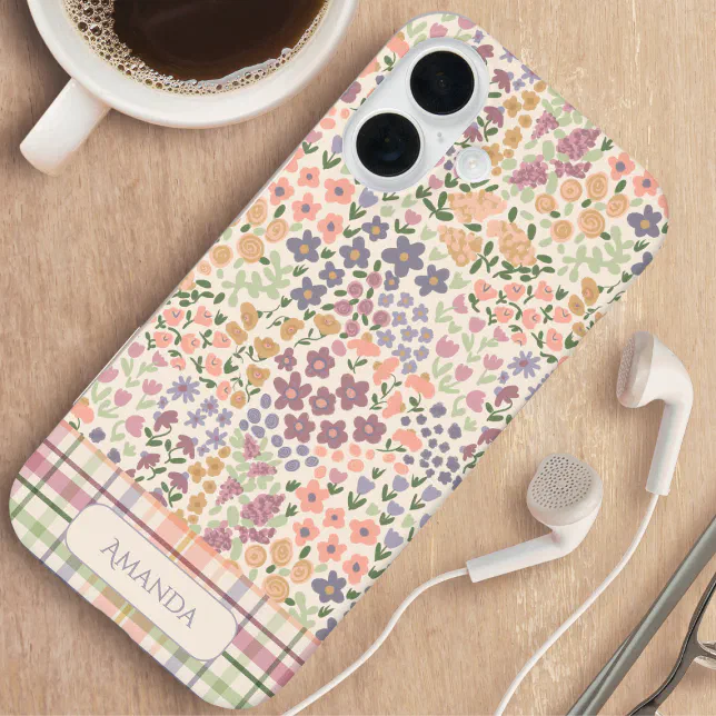 Floral & Plaid Personalized Name Phone Case | Zazzle