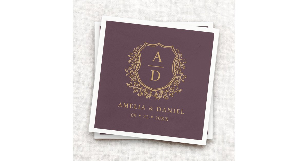 Floral Plum Purple Gold Crest Wedding Monogram Napkins | Zazzle