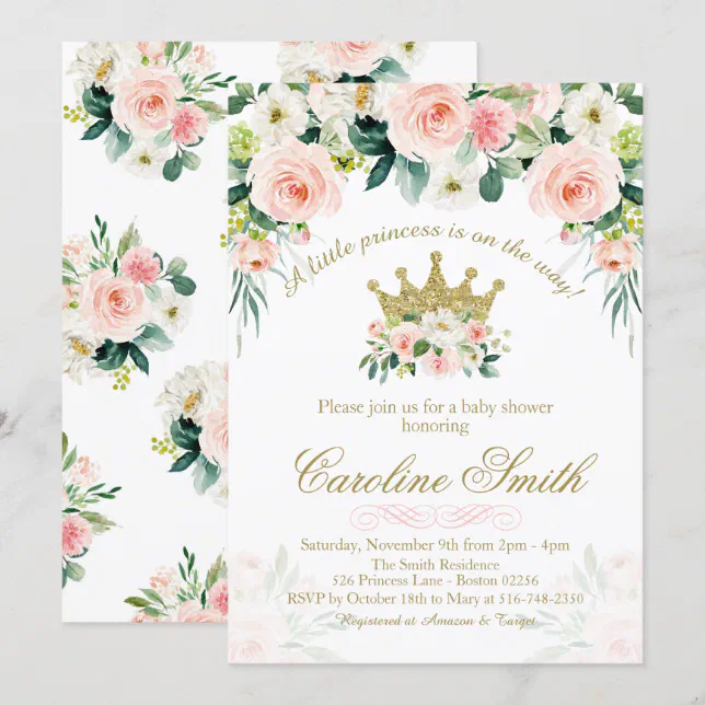 Floral Princess Gold Crown Baby Shower Invitation | Zazzle