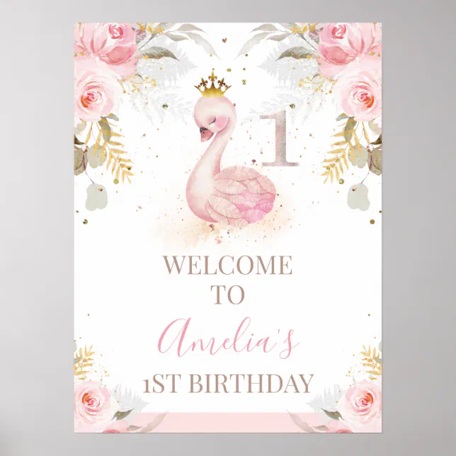 Floral Princess Swan 1st Birthday Welcome Sign | Zazzle