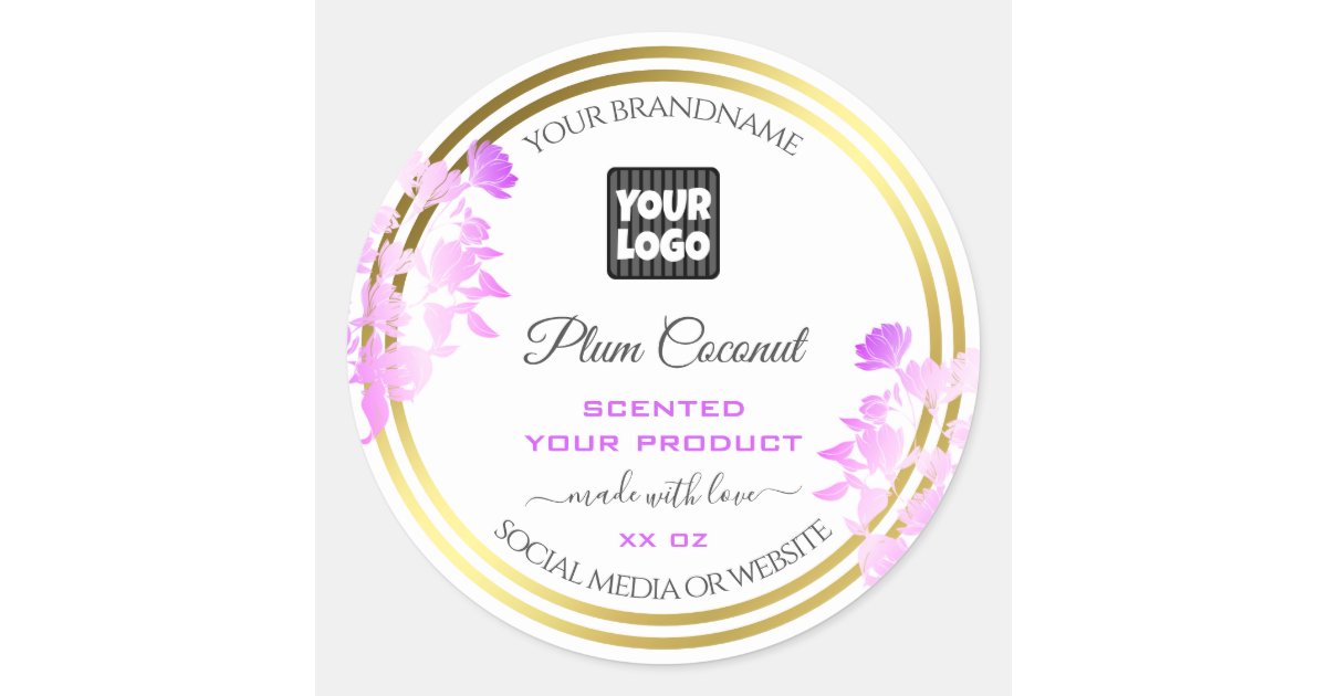 Floral Product Labels with Logo White Purple Gold | Zazzle