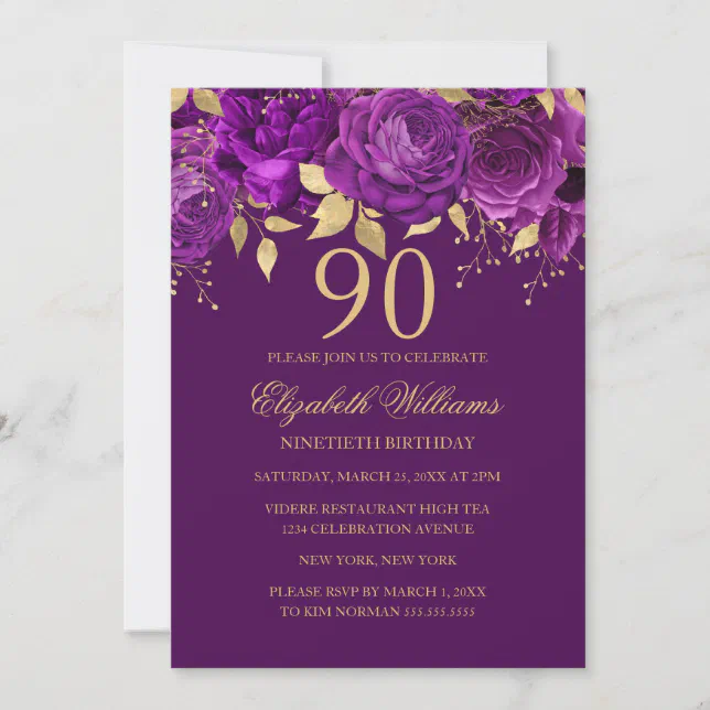 Floral Purple Gold Rose 90th Birthday Invitation | Zazzle