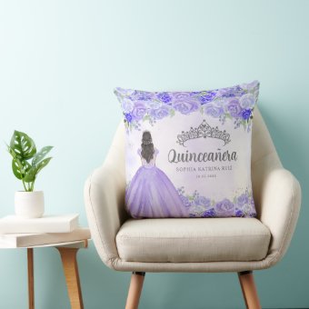 Floral Purple Silver Princess Tiara Quinceanera Throw Pillow | Zazzle