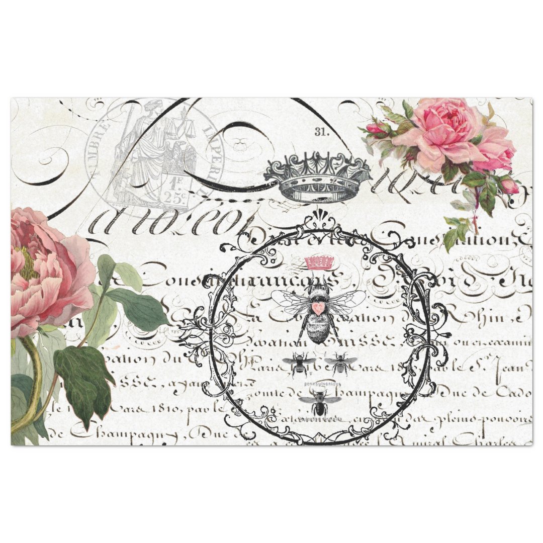 Floral Queen Bee Script Decoupage Paper | Zazzle