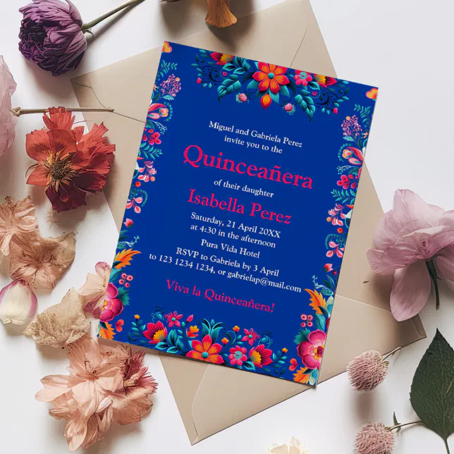 Floral Quinceanera Blue Mexican Fiesta Birthday Invitation | Zazzle