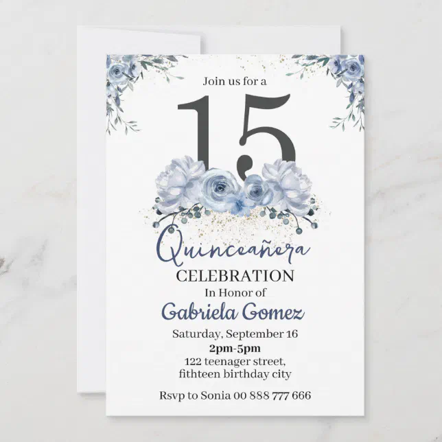 Floral Quinceanera Dusty Blue 15th Birthday Invitation | Zazzle