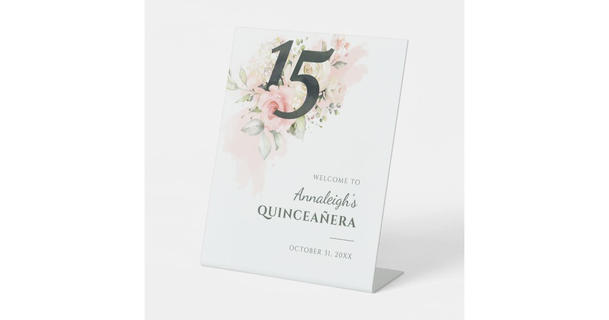 Floral Quinceanera Pink 15th Birthday Party Pedestal Sign | Zazzle