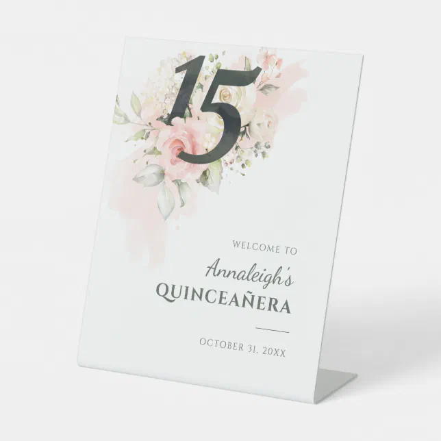 Floral Quinceanera Pink 15th Birthday Party Pedestal Sign | Zazzle