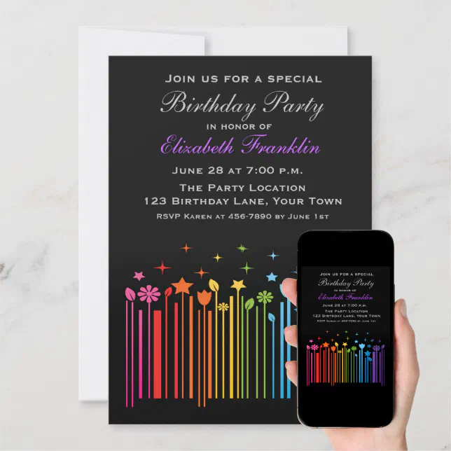 Floral Rainbow Bar Code Party Invitation | Zazzle
