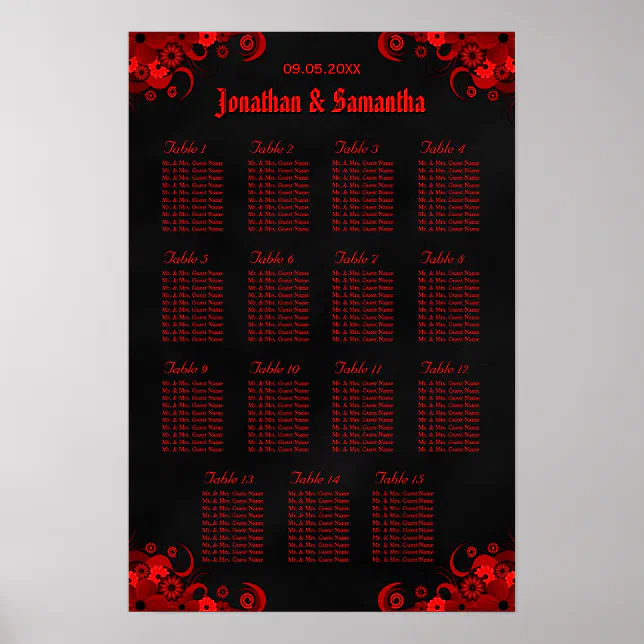 Floral Red & Black 15 Wedding Tables Seating Chart | Zazzle