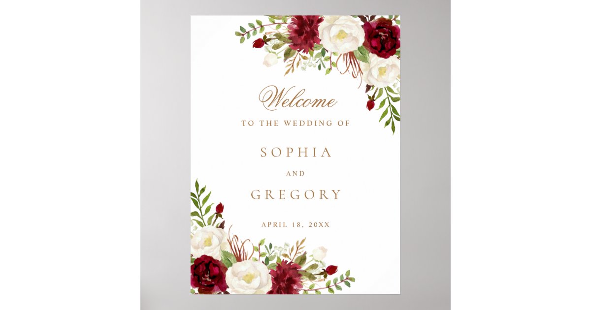 Floral Red Burgundy White Elegant Wedding Sign | Zazzle