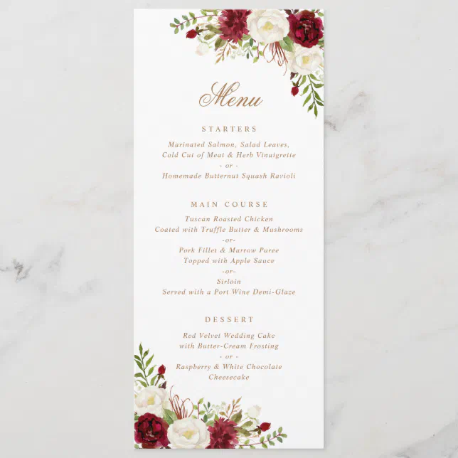 Floral Red Burgundy White Greenery Modern Minimal Menu | Zazzle