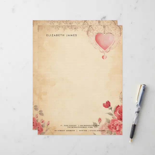 Floral Red Heart Vintage Valentines Day Personized Letterhead | Zazzle