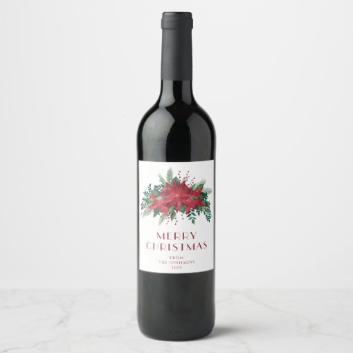 Floral Red Poinsettia Merry Christmas Wine Label | Zazzle