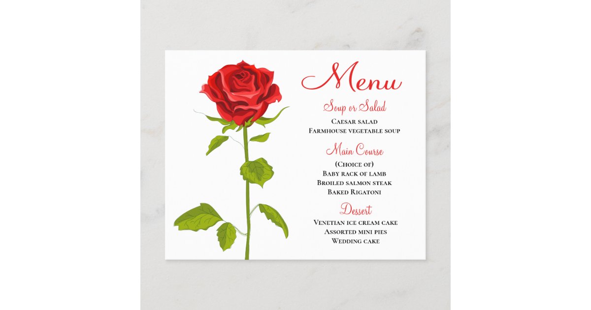 Floral Red Rose Menu Wedding Bridal Shower Party | Zazzle