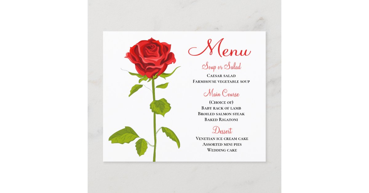 Floral Red Rose Menu Wedding Bridal Shower Party | Zazzle