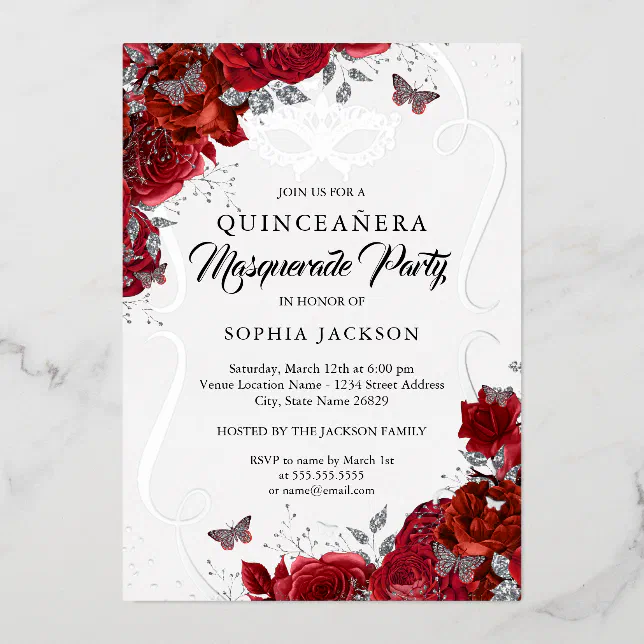 Floral Red Silver Scroll Masquerade Quinceanera Foil Invitation | Zazzle